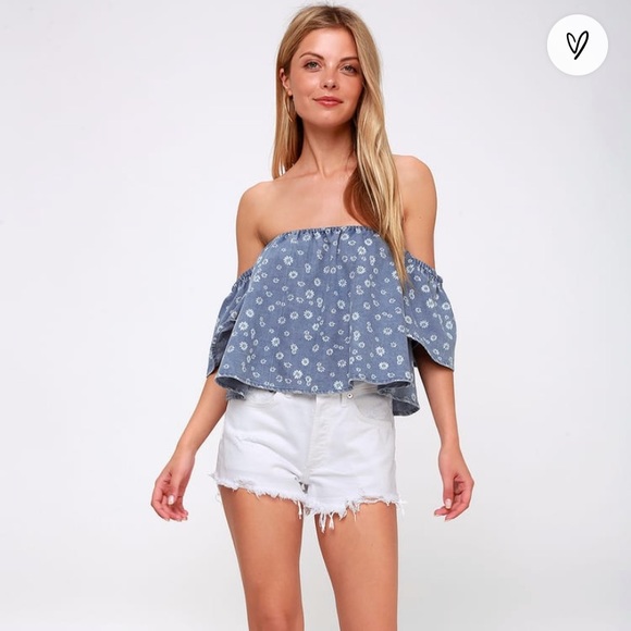 Lulus | Tops | Lulus Chambray Floral Off The Shoulder Crop Top | Poshmark